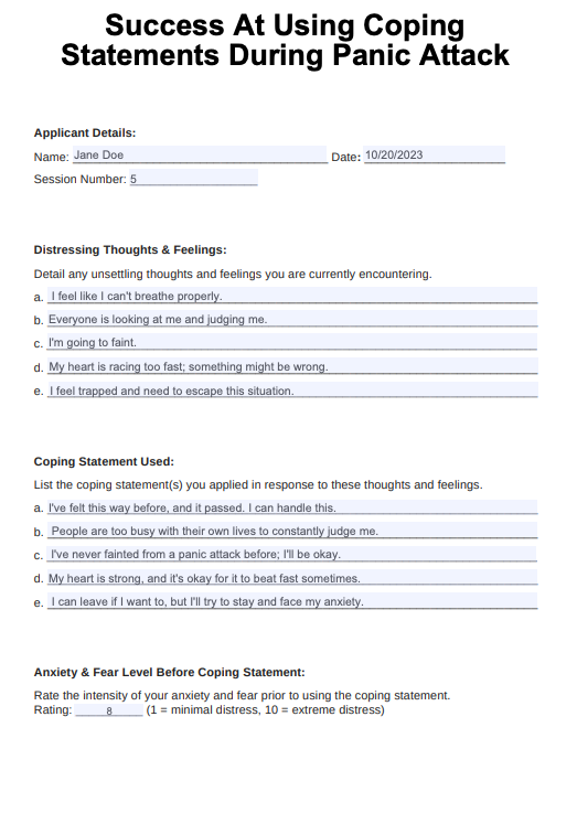 Success of Coping Statements Panic Attack Worksheet & Example | Free PDF Download